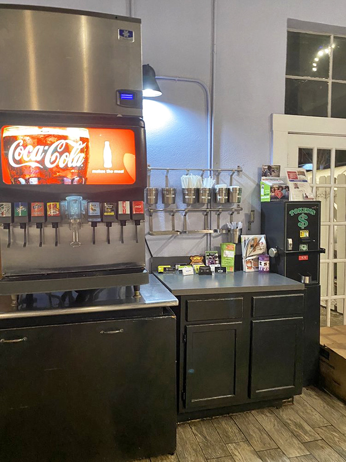 Even the beverage station maintains the industrial-chic aesthetic that makes this place uniquely Central Florida.