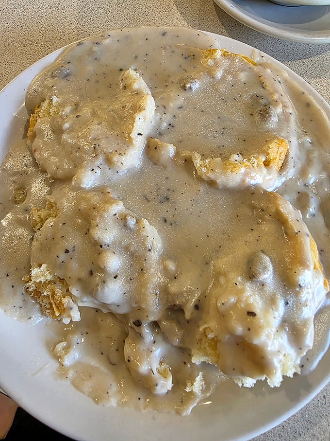Biscuits and gravy that could make a vegetarian question their life choices—pillowy islands in a sea of peppery, sausage-studded heaven.