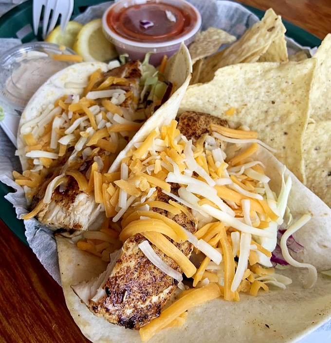 Fish tacos that make Tuesdays worth living for. Blackened mahi wearing a cheese crown, as all royalty should. 