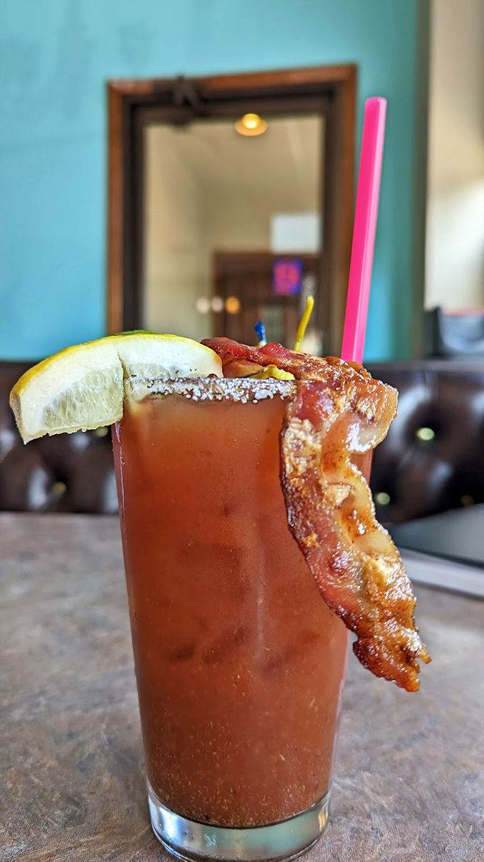 Tom's Bloody Mary&mdash;a meal in a glass with bacon as the exclamation point. Sunday morning salvation has arrived.