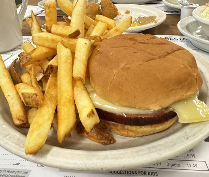 The humble sandwich, elevated not by pretension but by perfect execution. Golden fries stand at attention beside a classic that needs no reinvention.