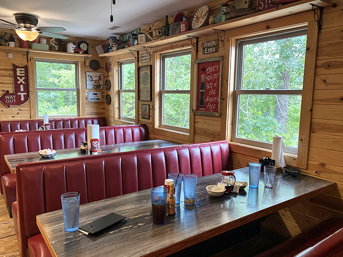 Red vinyl booths with a view of the Ozark greenery outside. The perfect setting for making important life decisions, like pancakes or waffles.