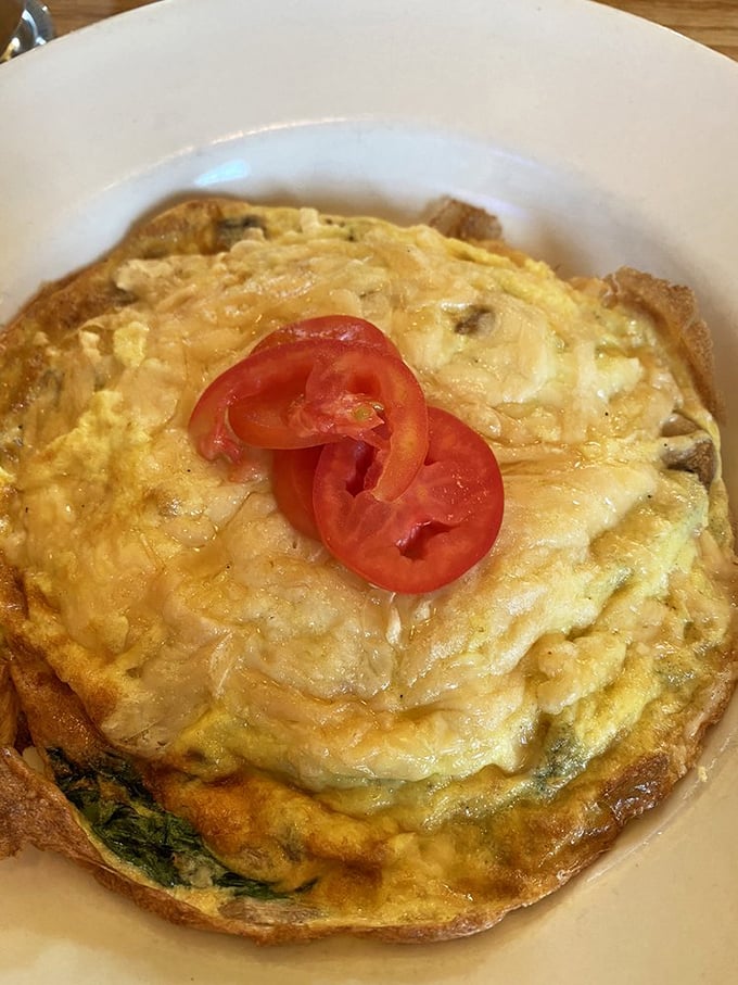 Frittata perfection with those tomato slices acting like a cherry on top. Fluffy, golden, and substantial enough to fuel a Michigan adventure.
