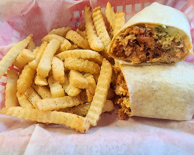 This buffalo chicken wrap isn't just lunch&mdash;it's a masterclass in texture and flavor, with fries that could make a potato proud.