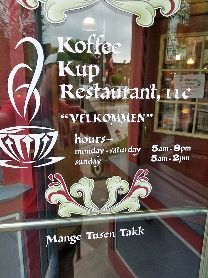 "Velkommen" says the window &ndash; where Norwegian heritage meets Wisconsin hospitality with hours that accommodate both early birds and brunch enthusiasts.