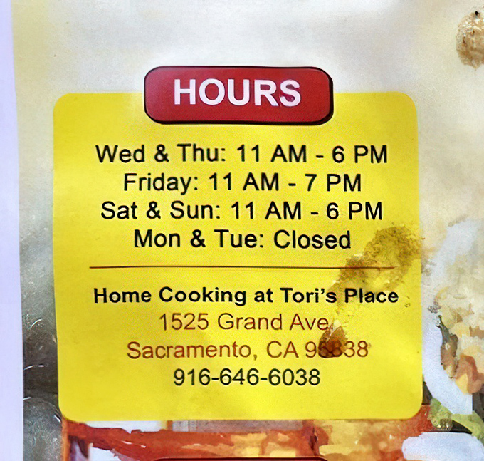 Hours of operation that should immediately go into your phone calendar. Closed Mondays and Tuesdays—the universe's way of teaching us patience.