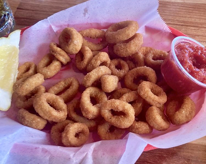 Calamari rings that look like they're auditioning for the seafood hall of fame. That marinara sauce is their perfect talent agent.