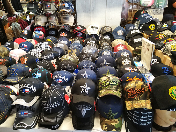 Baseball caps representing every team, cause, and clever saying ever stitched onto fabric in America.