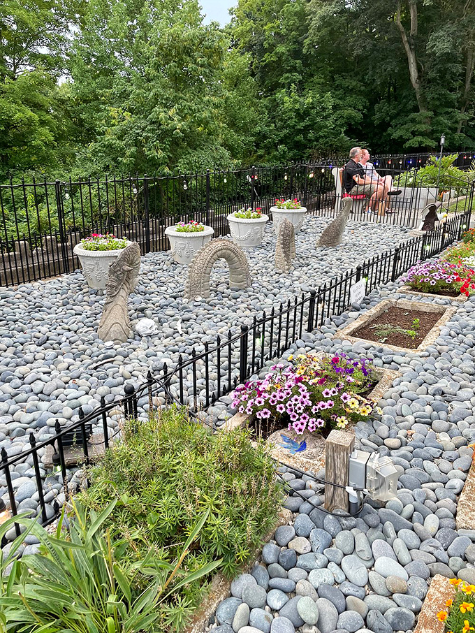 Garden sculptures creating outdoor galleries that blend medieval themes with natural Ohio beauty.