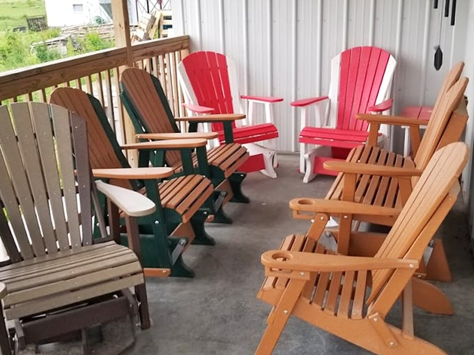 A rainbow of wooden chairs stands ready for weary shoppers &ndash; the perfect spot to contemplate which treats to devour first.