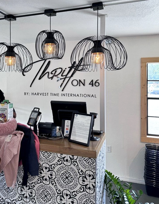 Stylish pendant lights hang above the checkout counter where your thrifting victories are tallied up for surprisingly small sums.