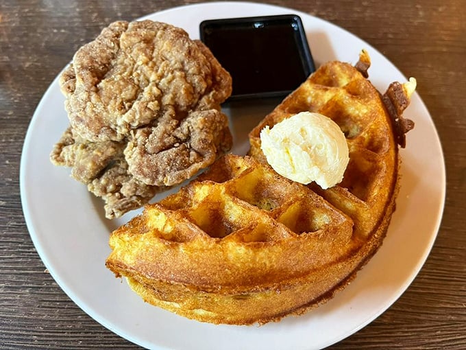 The chicken and waffle situation here isn't just breakfast-meets-dinner&mdash;it's a culinary peace treaty where everyone wins, especially your taste buds.