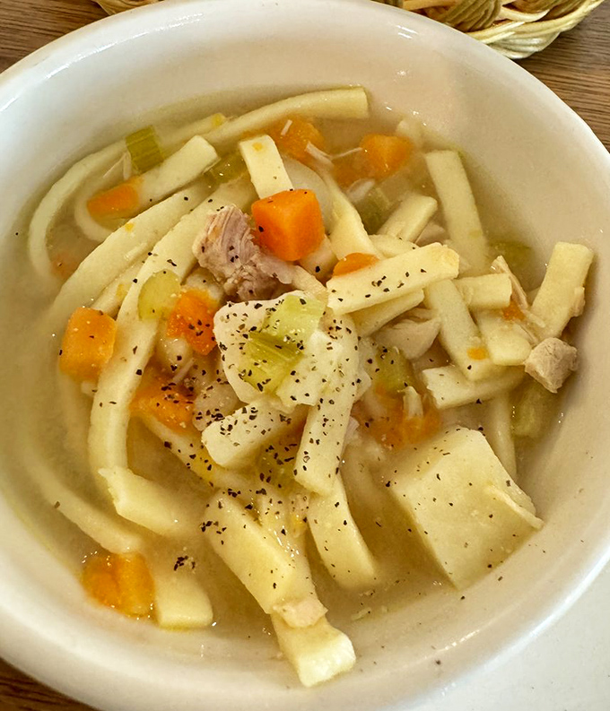 Chicken noodle soup that could make your grandmother nervously check her recipe box. Those thick-cut noodles mean business.