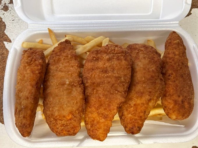 Golden-fried chicken strips nestled on a bed of fries—comfort food that speaks the universal language of "everything's going to be okay."