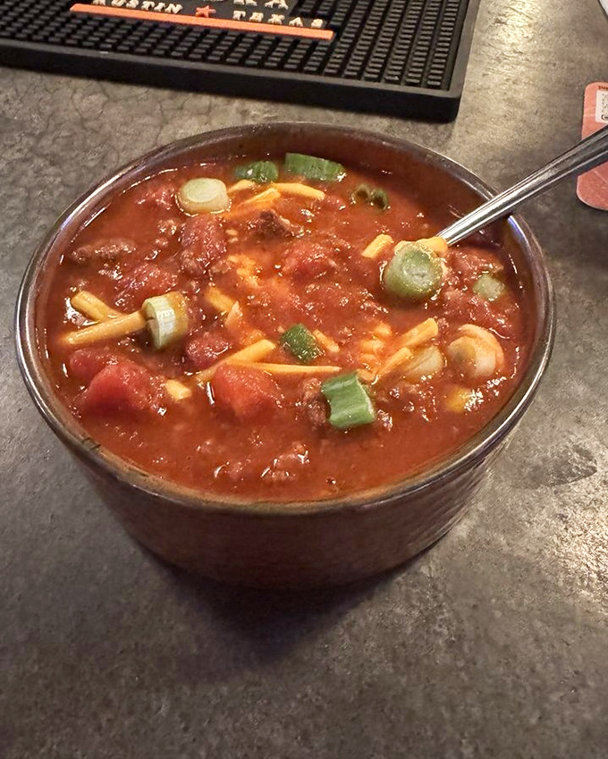 A hearty bowl of homestyle chili packed with vegetables and pasta &ndash; the kind of comfort food that makes winter almost welcome.