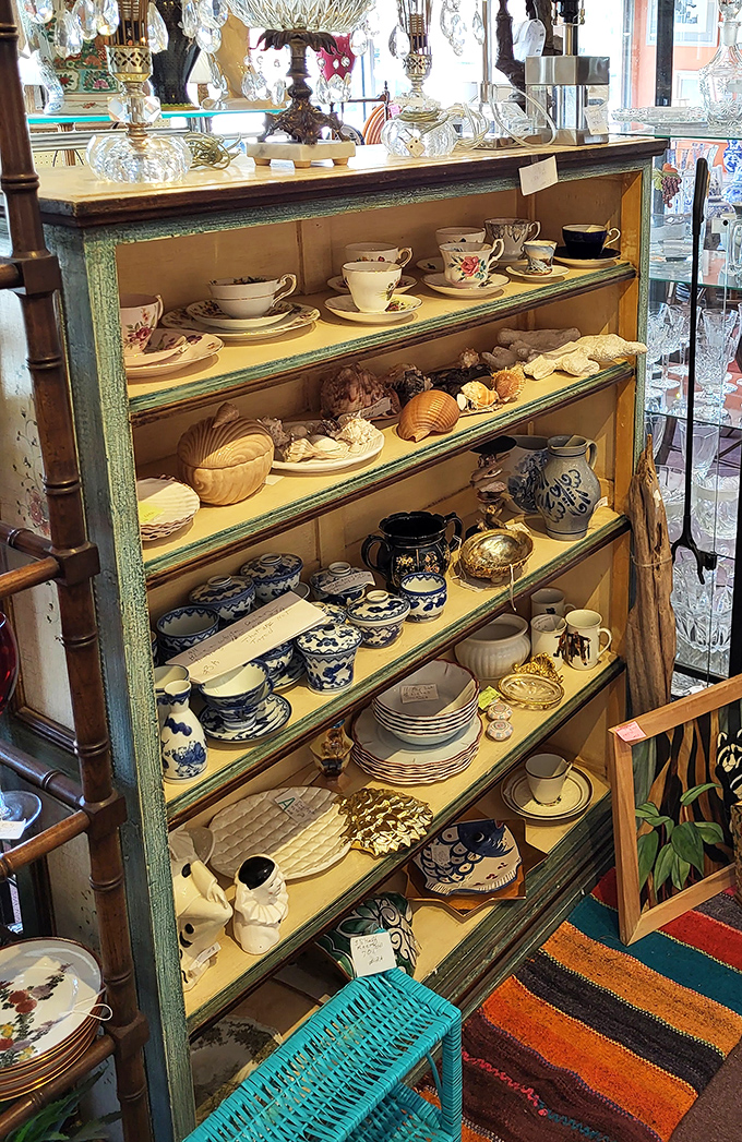 Delicate teacups and blue-and-white porcelain treasures await new homes. These dishes have served countless meals and hold memories in every chip and pattern.