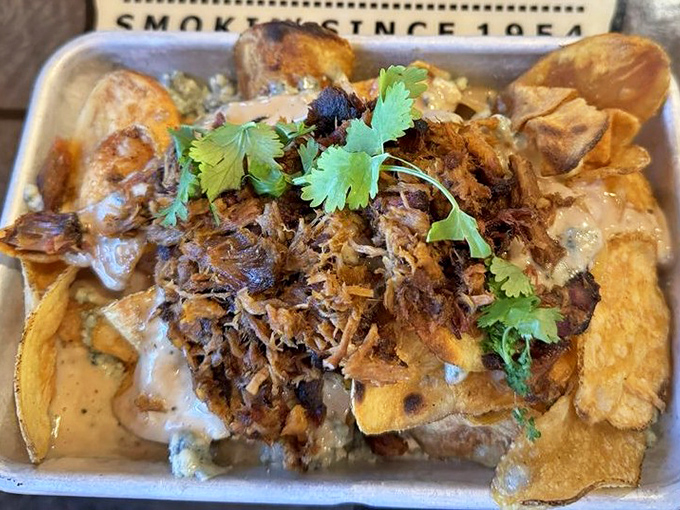 Not just nachos&mdash;a mountain range of chips, cheese, and pulled pork where every bite is a tiny vacation. The cilantro adds that perfect fresh counterpoint.