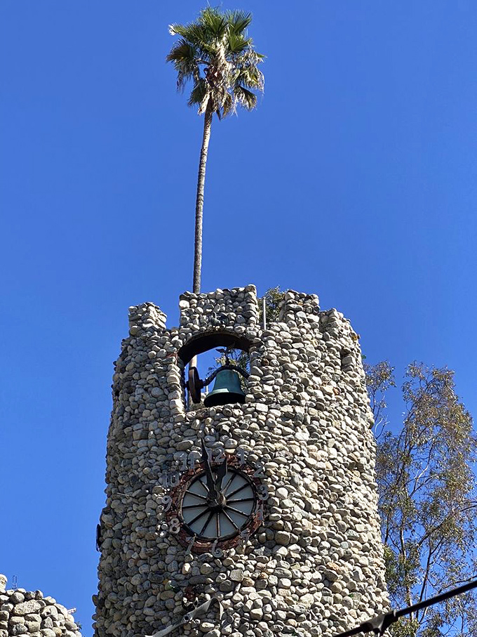 A palm tree grows improbably from a stone tower, nature's exclamation point on this architectural marvel. California meets Camelot in perfect harmony.