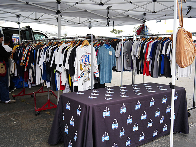 Vintage tees and modern streetwear hang side by side, a textile timeline where fashion history meets contemporary style in the California sunshine. 