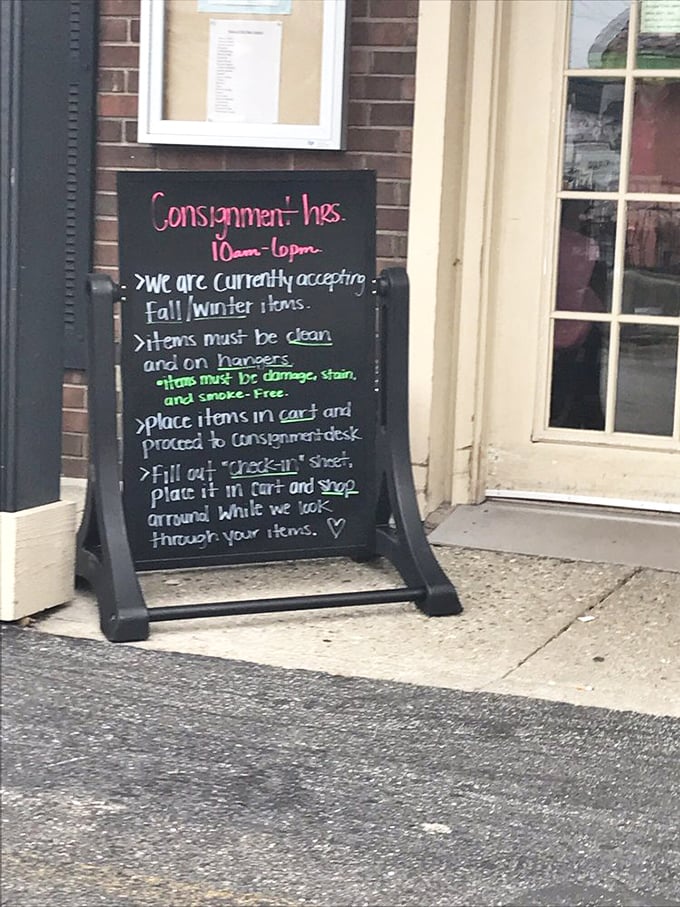 Clear rules posted with personality &ndash; because even consignment shops need boundaries, delivered with a wink.