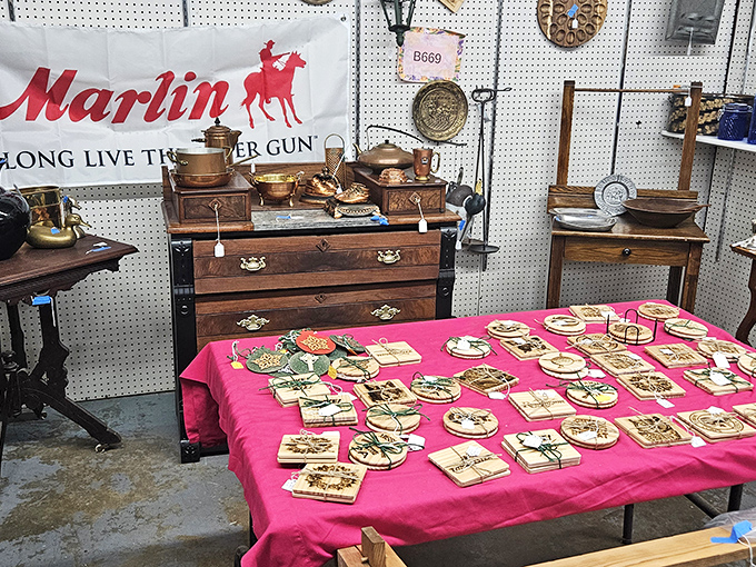 Copper and wooden treasures await new homes, while that bright pink tablecloth makes a statement that can't be ignored.
