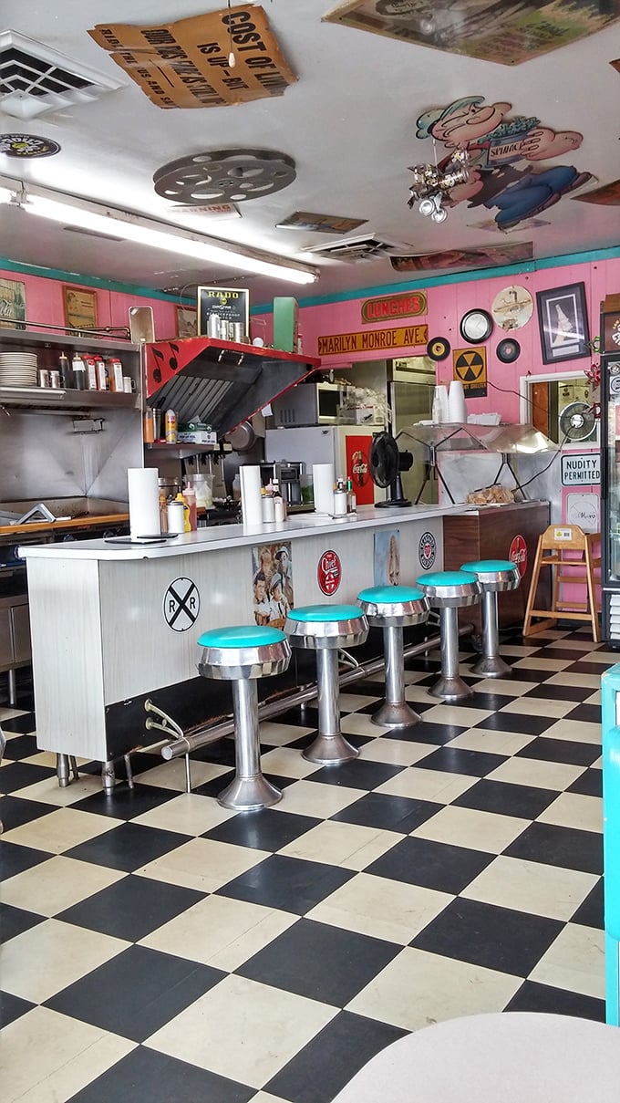 Counter seats: front-row tickets to the breakfast ballet, where turquoise stools have supported generations of satisfied Hoosier posteriors.