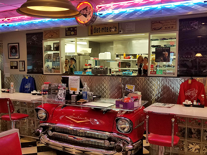 That classic car front end isn't just decoration&mdash;it's the perfect metaphor for this diner: vintage American engineering designed for maximum satisfaction.