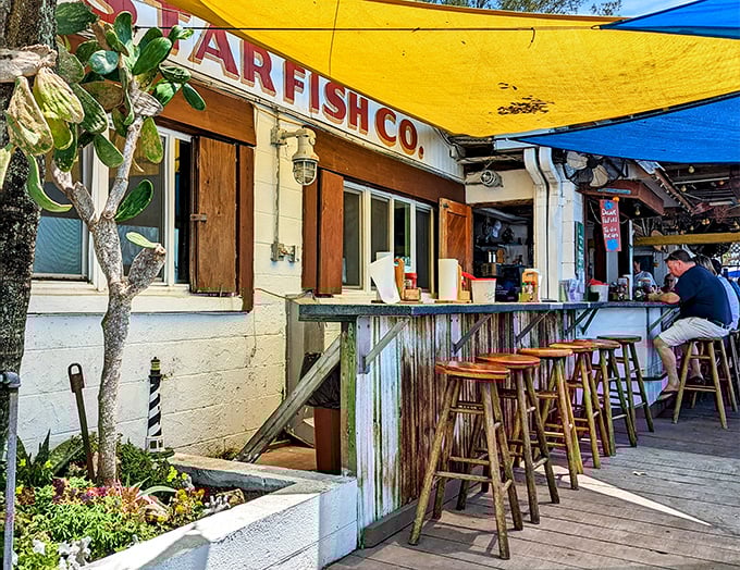 Rustic counter seating where strangers become friends, united by their mutual appreciation for perfectly prepared seafood.