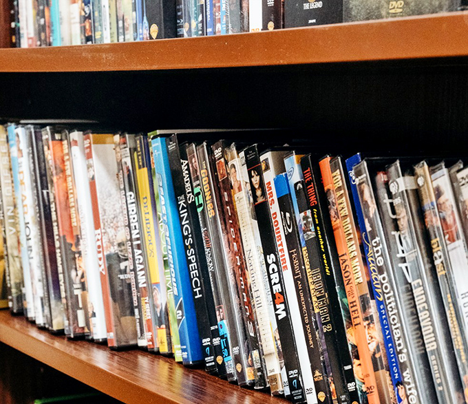 The DVD section&mdash;a physical Netflix of forgotten favorites and cult classics. Remember when we had to actually own movies? These relics do.