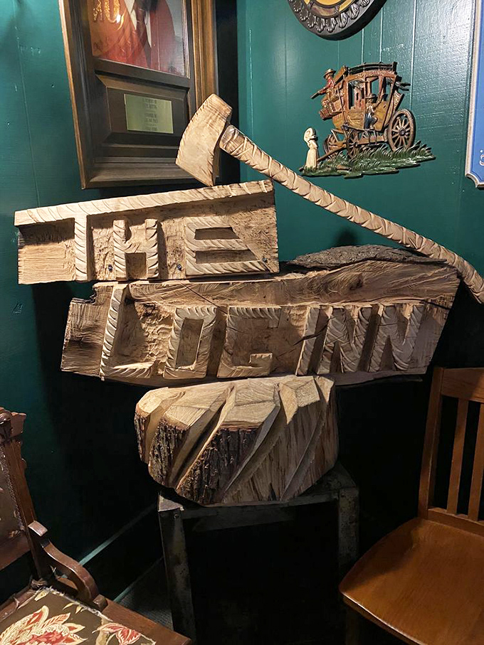 Hand-carved wooden art that reminds you this place was built by people who took pride in craftsmanship, whether building or cooking.