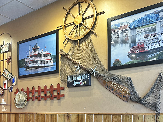 Maritime decorations and ship wheels remind you that great food journeys start with authentic atmosphere.
