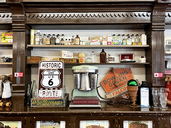 The shelves display vintage treasures that tell stories of America's past—including that Historic Route 6 sign that's seen more road trips than your uncle's RV.