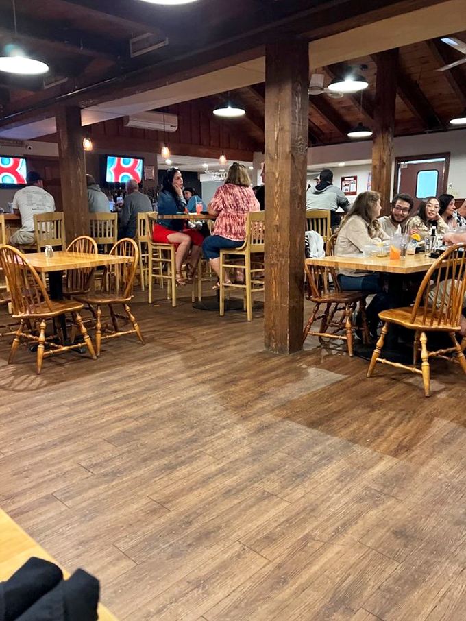 Where wooden beams meet modern conversation, this dining area bridges centuries while keeping the focus where it belongs&mdash;on good food and better company.