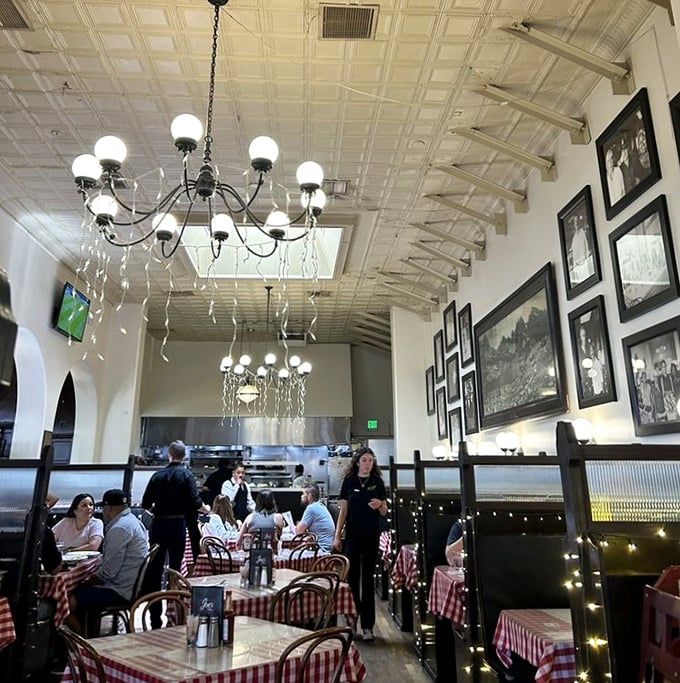 High ceilings, elegant chandeliers, and checkered tablecloths create that rare atmosphere where both special occasions and Tuesday lunches feel equally at home.