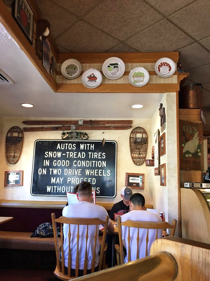 The snow tire sign is oddly specific d&eacute;cor for a restaurant, yet somehow perfect. California mountain charm that comes with a side of local wisdom.
