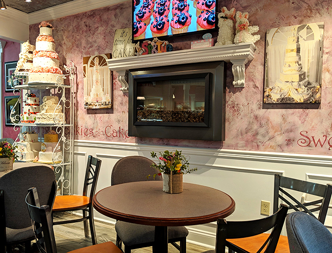 The pink-walled dining area with its elegant fireplace creates an atmosphere where calories simply don't count&mdash;it's bakery science.