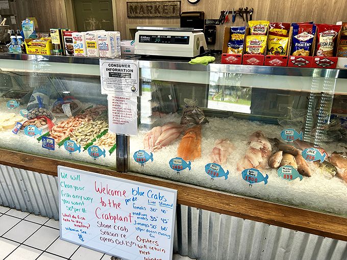The display case showcases the day's fresh catch with a handwritten board that tells you everything you need to know&mdash;this place is serious about seafood.
