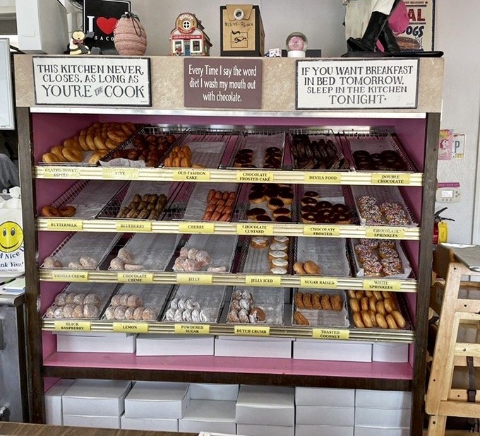 Not just a donut case &ndash; a color-coded treasure chest of fried dough jewels, each variety labeled with the precision of a museum exhibit.