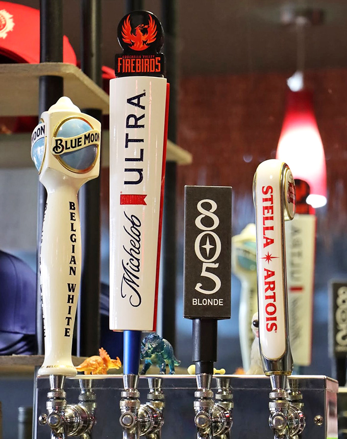 Premium draft selections stand ready to complement your burger choice with perfectly paired liquid refreshment options.