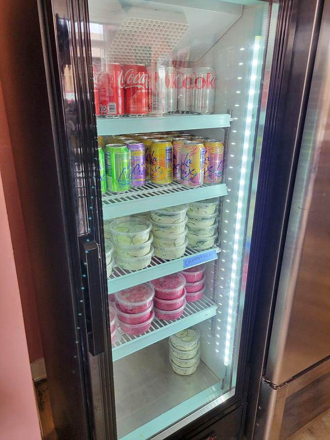 The refrigerator of happiness holds homemade Polish salads, pickles, and sodas. Like your grandmother's fridge, if your grandmother was a culinary genius.