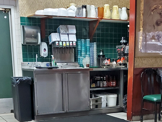 The coffee station stands ready for refill duty &ndash; because great diner breakfasts demand at least three cups to properly appreciate.