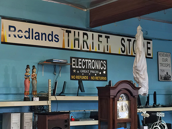 The electronics section: where vintage meets value. That grandfather clock has been keeping time since before smartphones made wristwatches optional.