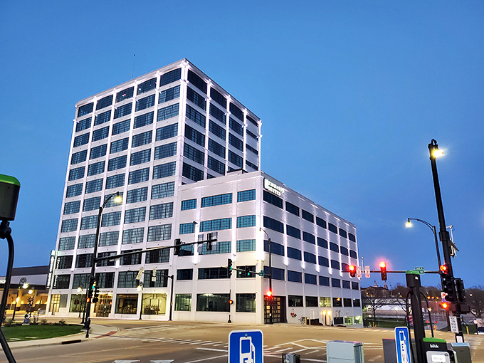 Modern office buildings anchor Rockford's business district, where companies find talent without the big-city overhead that requires expense account gymnastics.