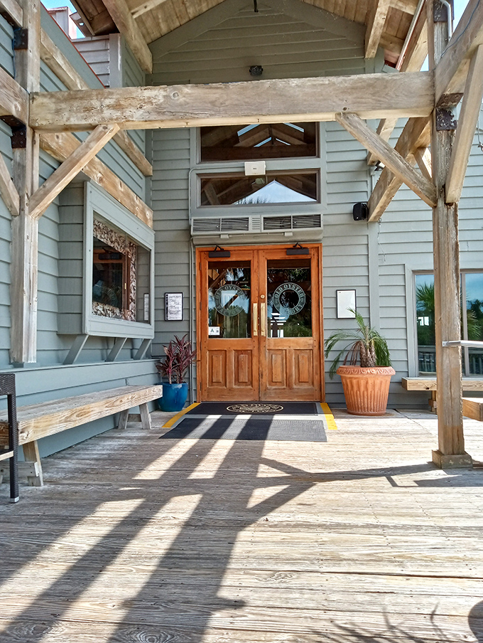 The entrance promises what awaits inside: rustic charm, coastal elegance, and the unmistakable feeling you've discovered somewhere special.