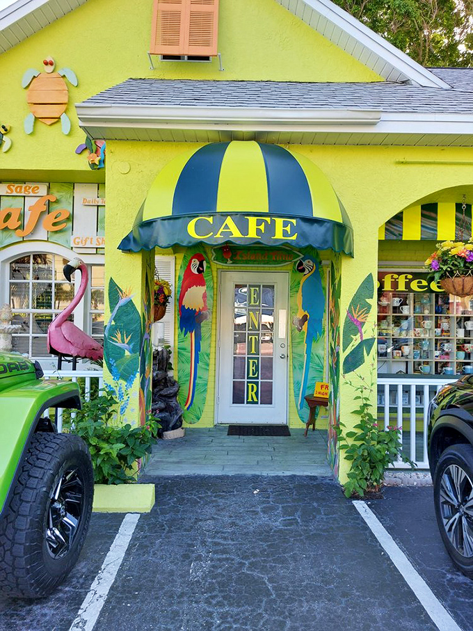 An entrance flanked by tropical murals and flamingos that serves as a portal between ordinary life and a Technicolor breakfast wonderland.