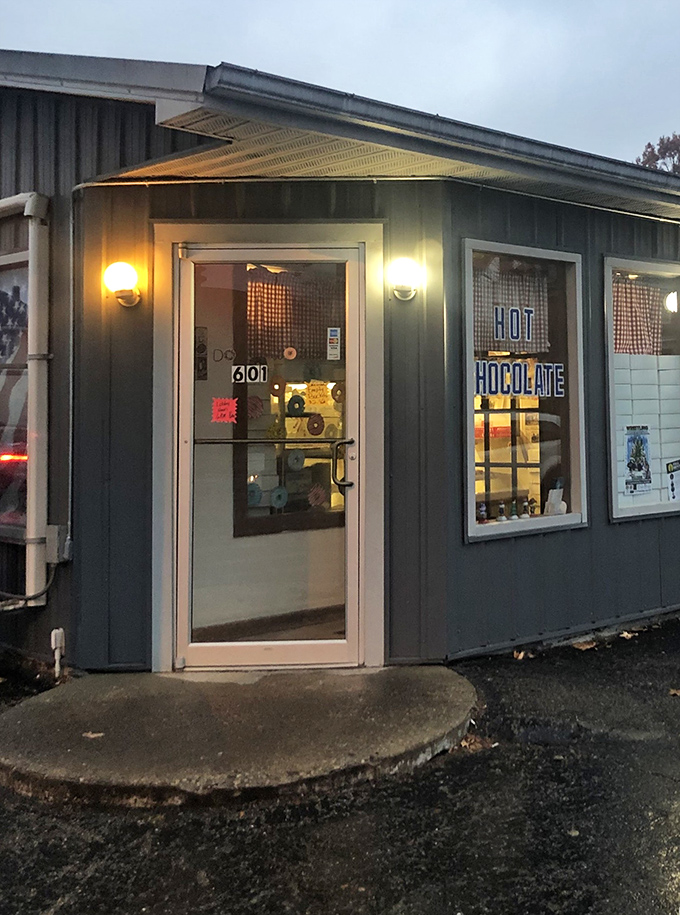 The entrance to Donut World promises hot chocolate and warm welcomes. This doorway has launched thousands of perfect Ohio mornings.