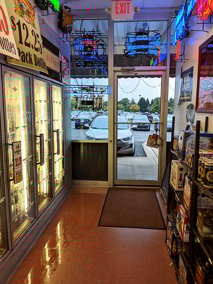 The entrance promises cold beer and good times, with neon signs guiding you like runway lights to flavor town.