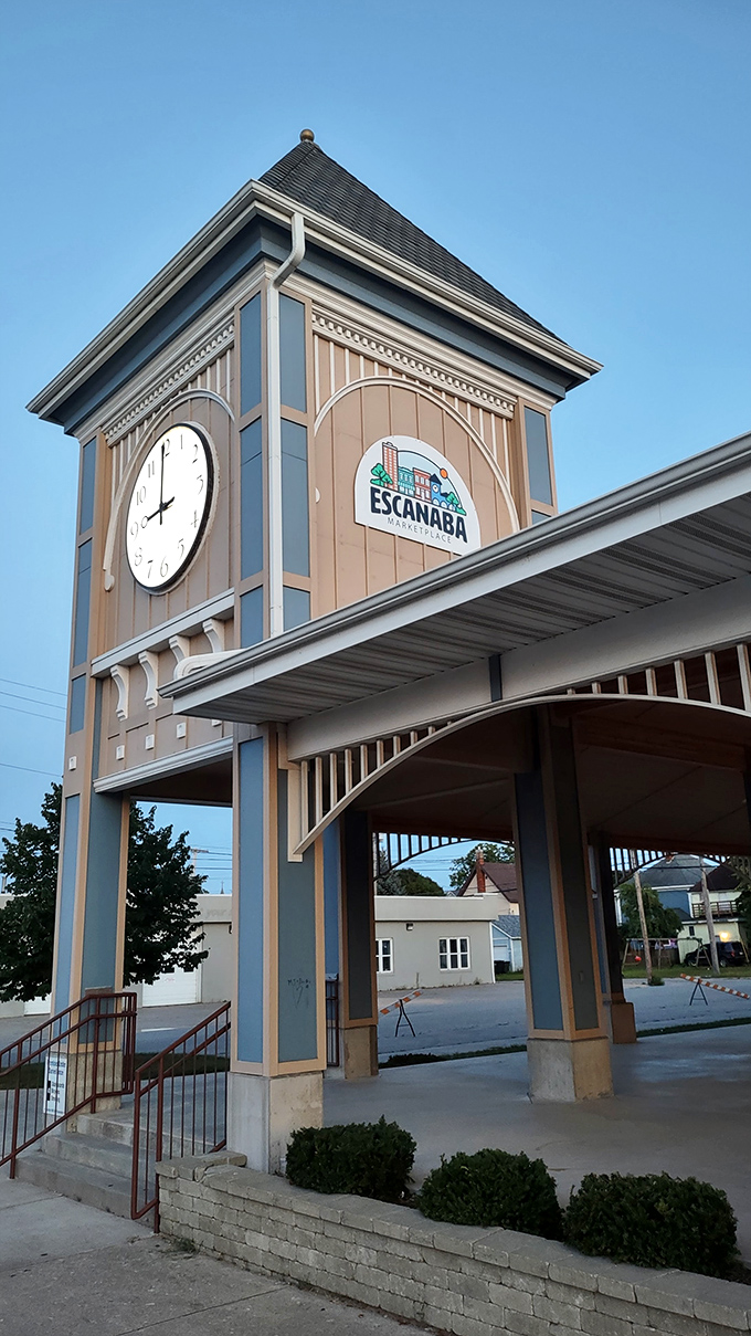 The Escanaba Marketplace clock tower stands as the town's unofficial timekeeper, reminding visitors that here, there's always time to slow down.