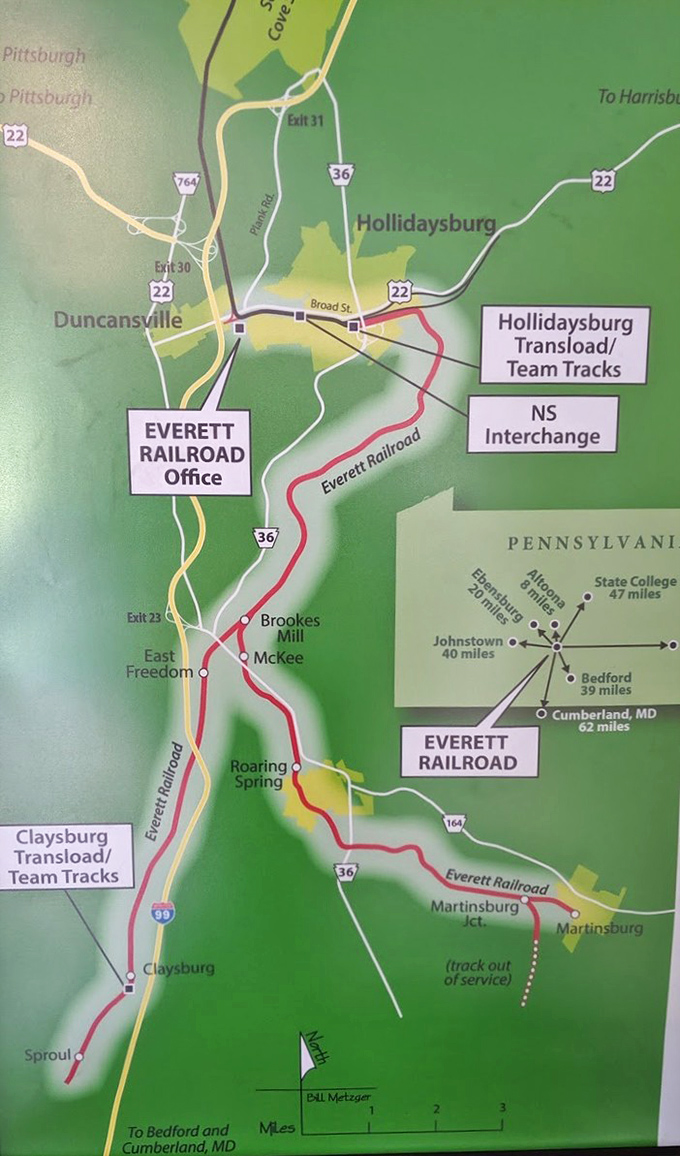 This colorful map reveals the Everett Railroad's journey through Pennsylvania's hidden valleys and historic towns&mdash;your blueprint for adventure.