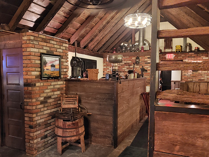 Exposed beams and brick walls create the kind of rustic elegance that makes you want to linger over coffee and dessert.